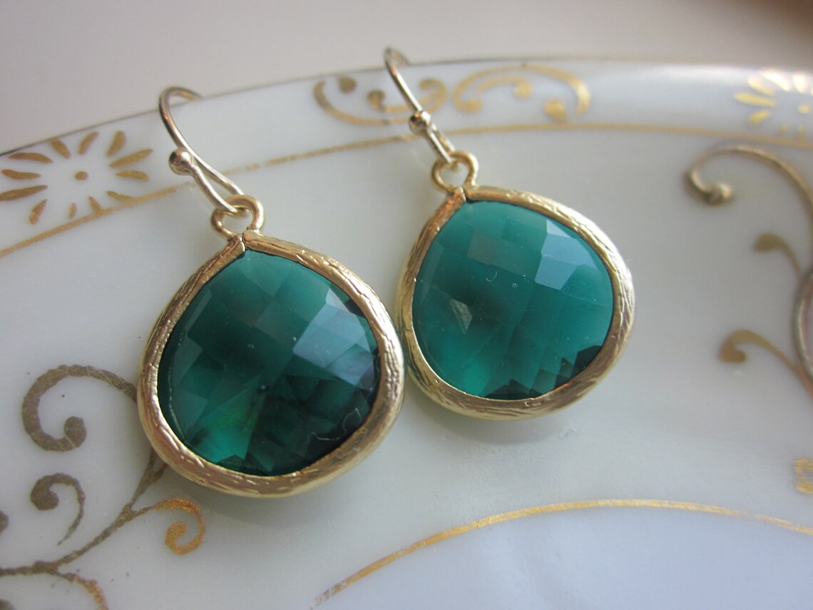 Emerald Green Earrings Gold Plated Large Pendant Wedding - Etsy