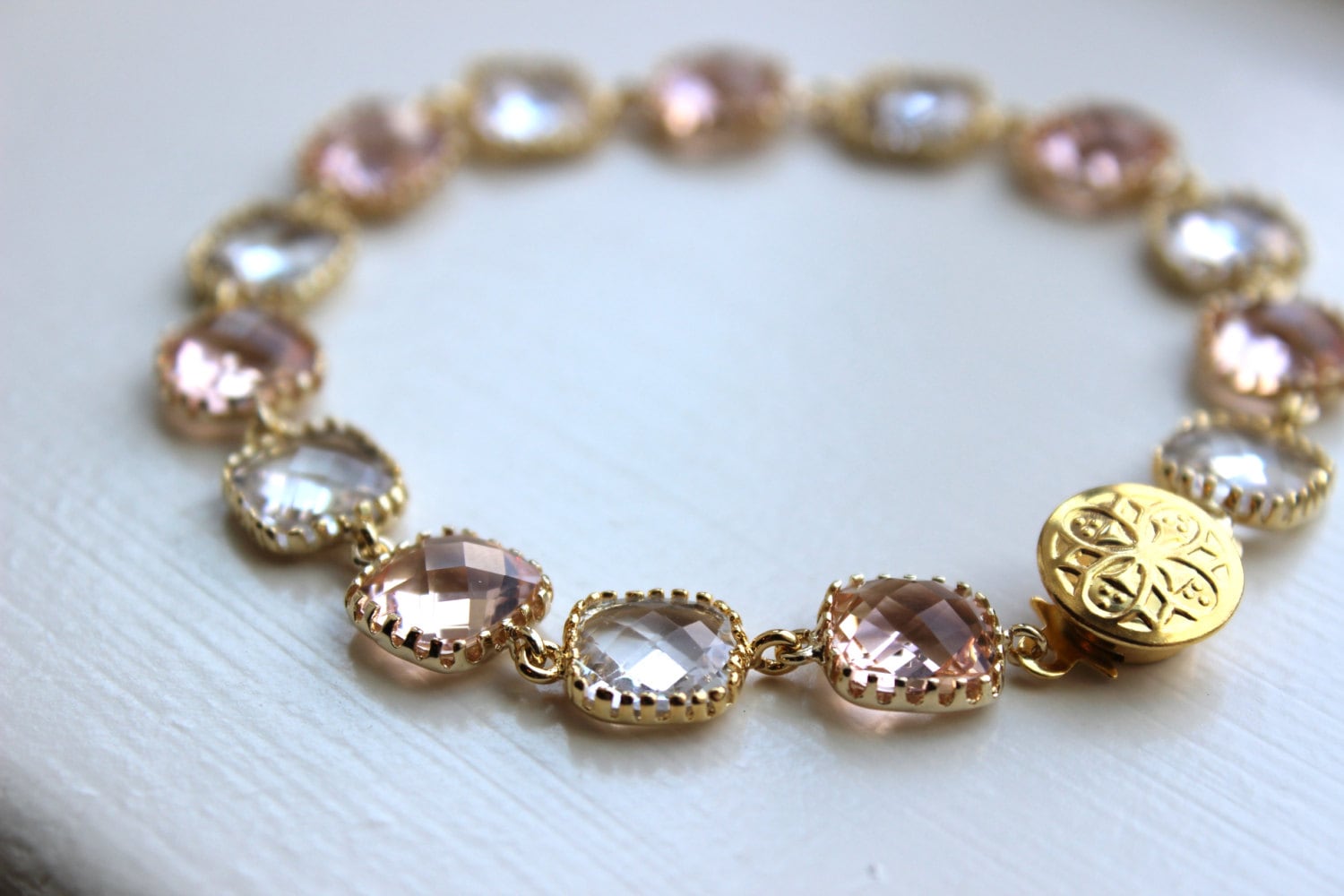 Blush Champagne Crystal Bracelet Gold Plated - Pink Clear Bridesmaid ...