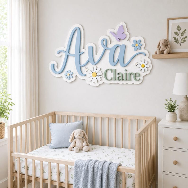 Floral and Butterfly Nursery Name Sign, Personalized Layered Wood Decor ...