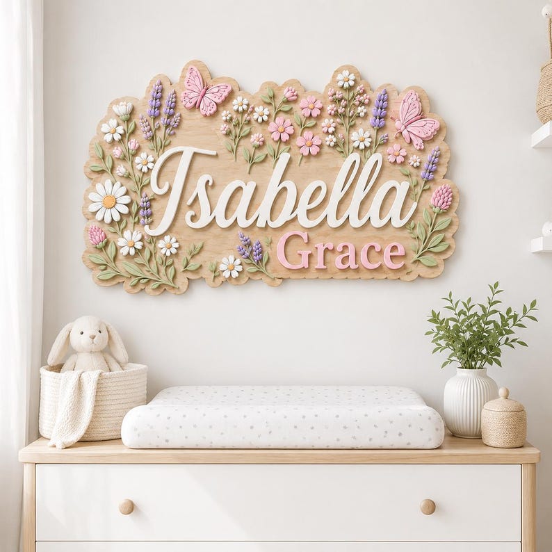Floral Butterfly Nursery Name Sign, Personalized 3D Wood Decor - Etsy ...