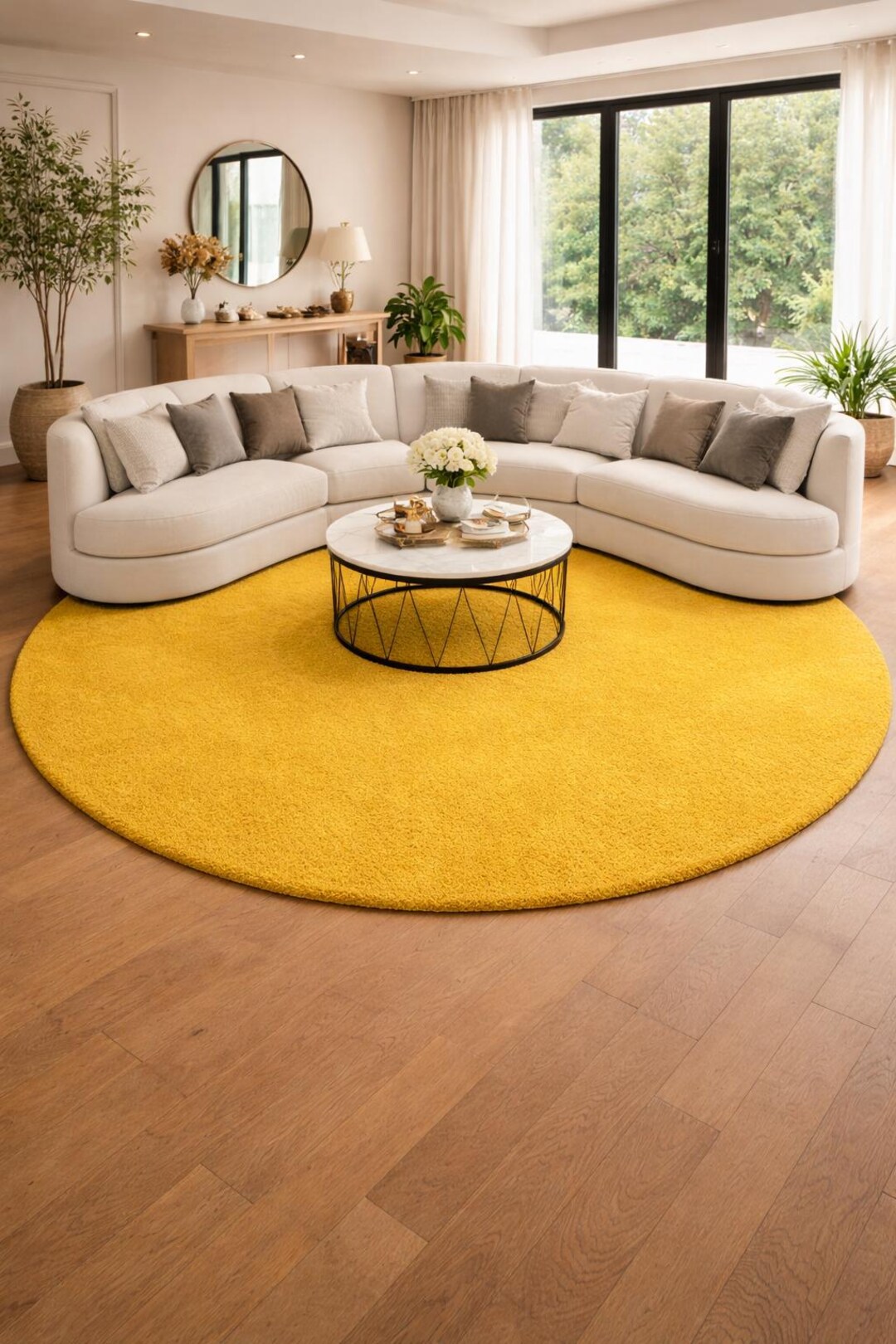 Round Yellow Rug Handmade Area Carpet for Bedroom Living Room Modern ...