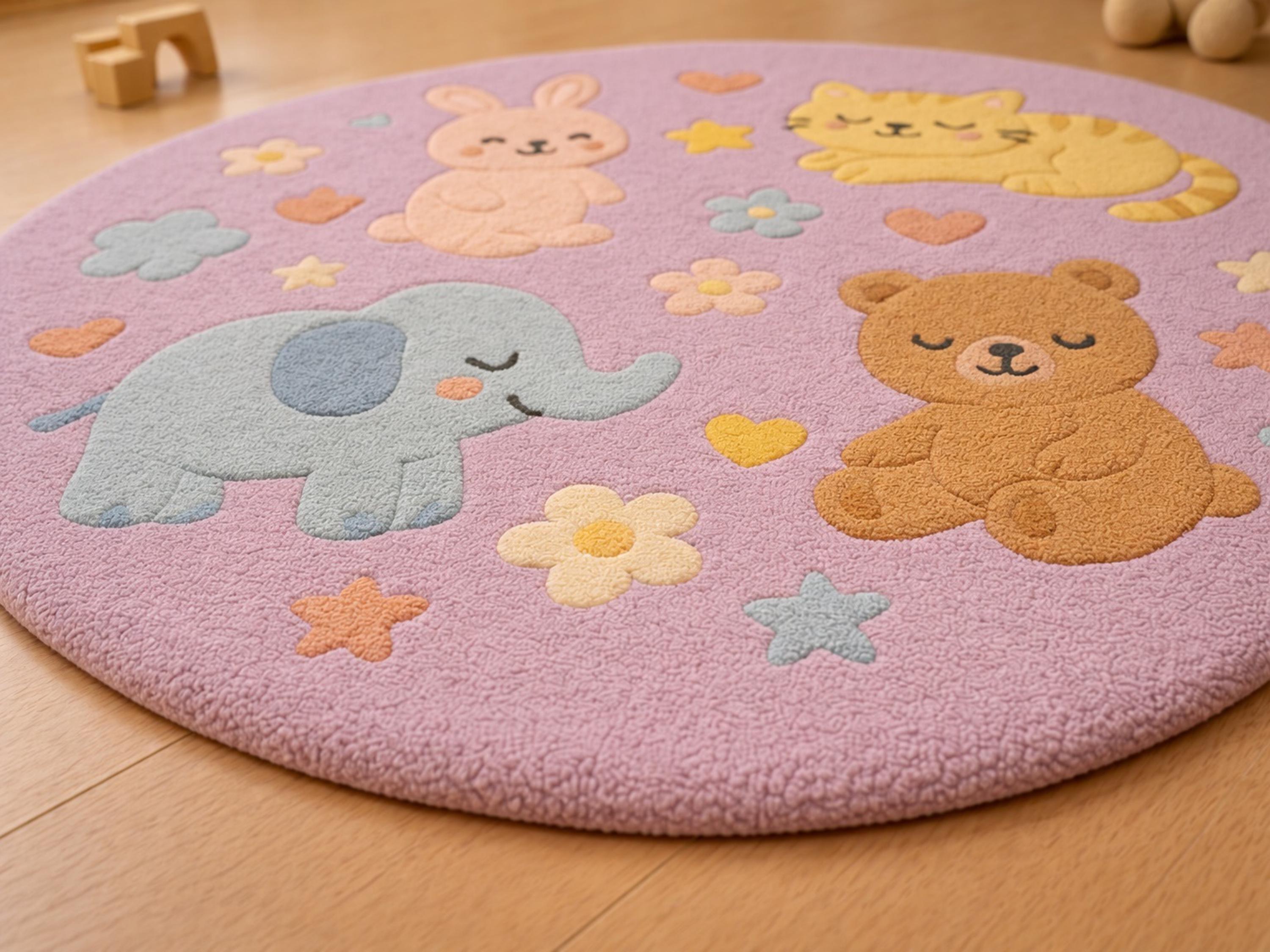 Kids Animal Round Rug Cute Nursery Carpet, Baby Room Play Rug, Handmade ...