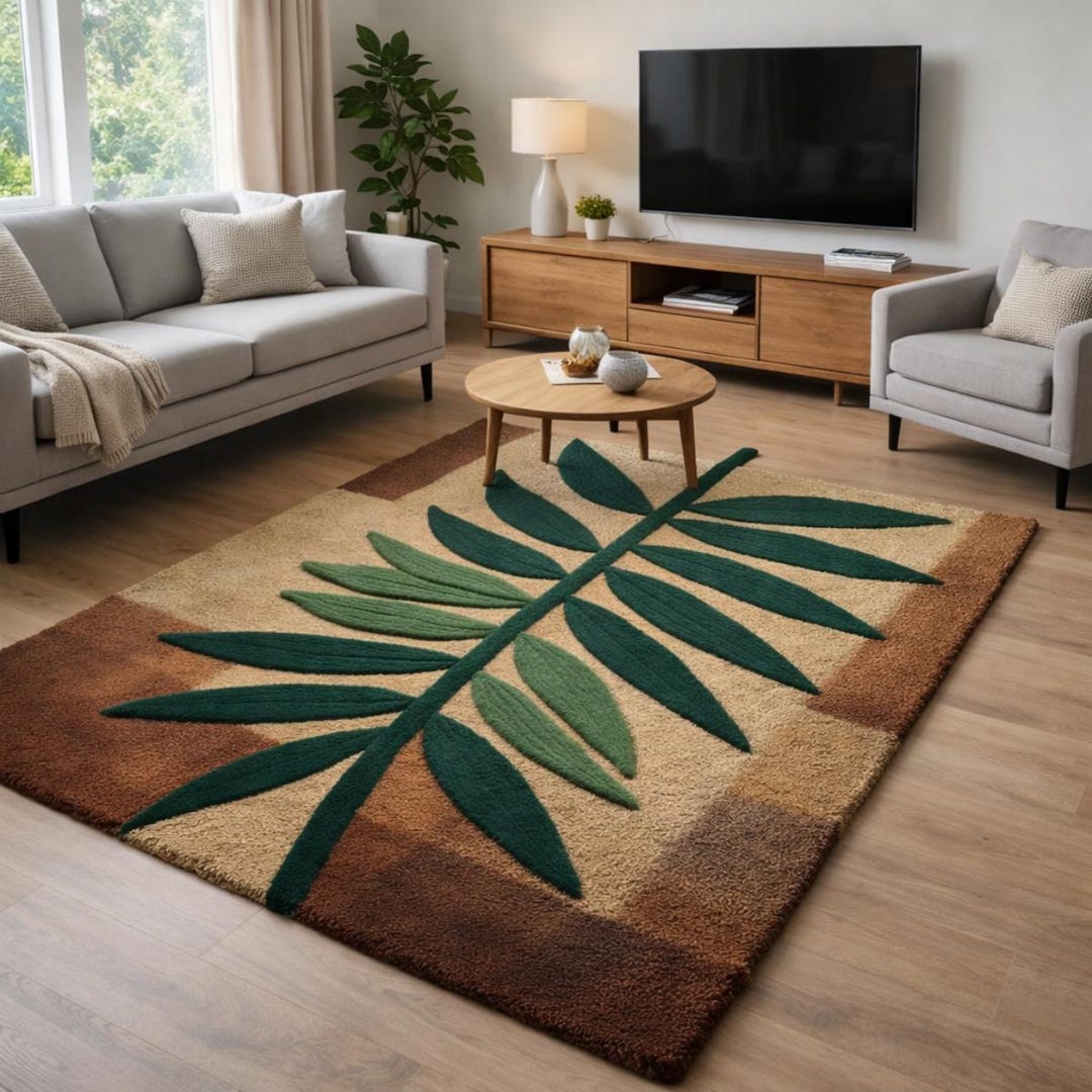 Hand Tufted Wool Rug, Nature-inspired Green Leaf Design - Etsy