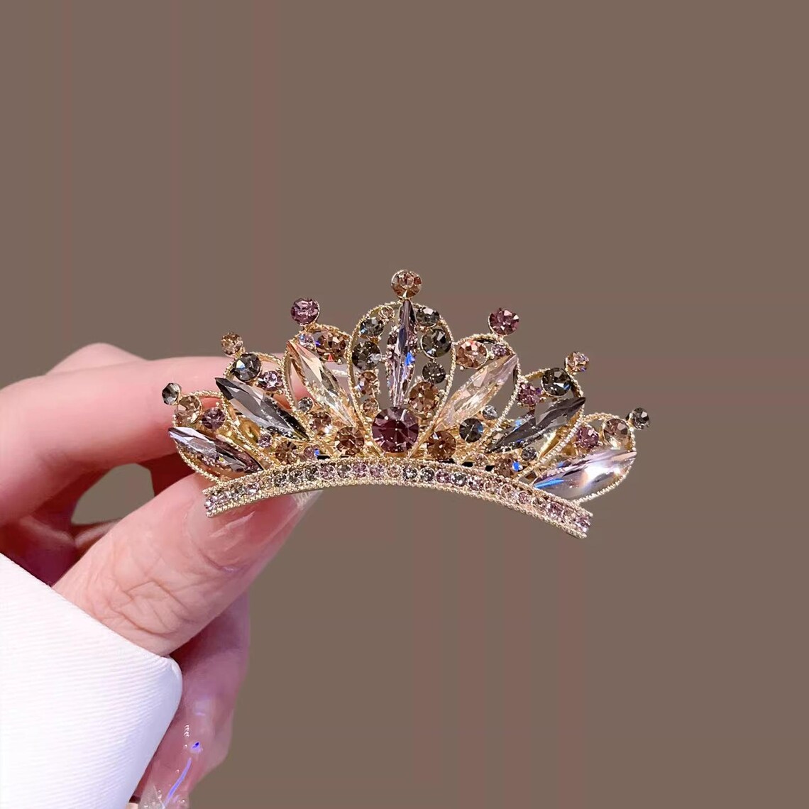 Mini Crystal Tiara Hair Clip, Vintage Gold Crown Barrette, Champagne ...