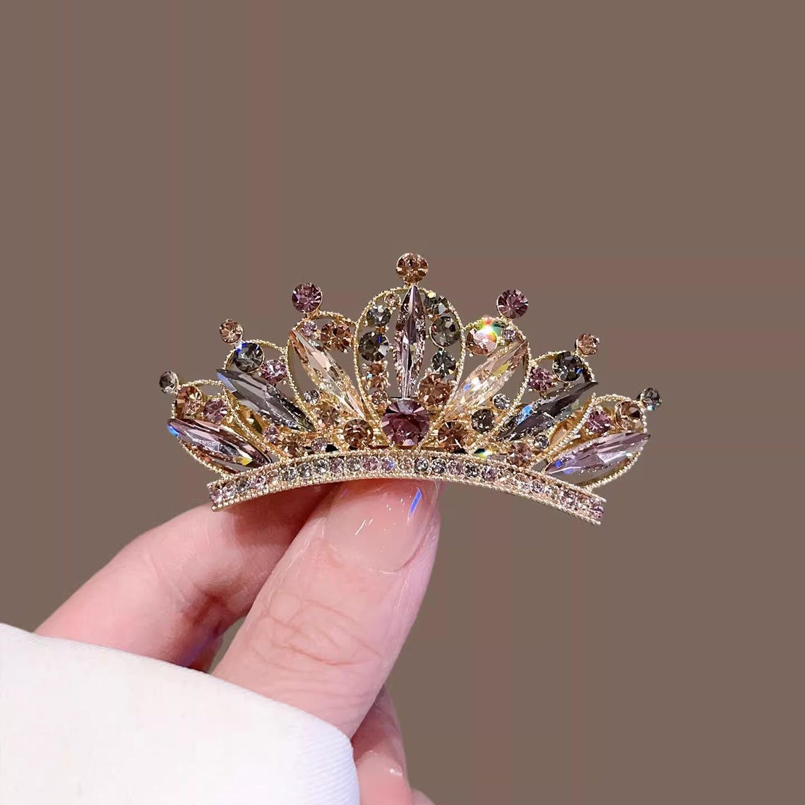 Mini Crystal Tiara Hair Clip, Vintage Gold Crown Barrette, Champagne ...