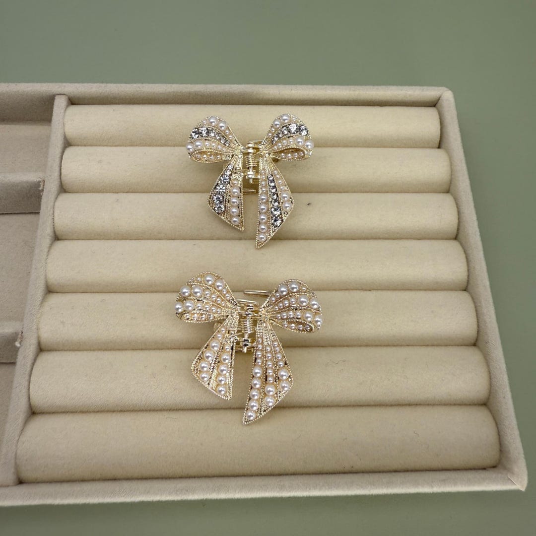 Pearl Bow Hair Claw, Gold Ribbon Jaw Clip, Rhinestone Mini Clamp ...