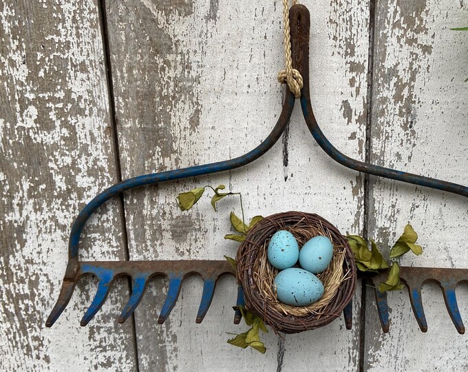 Vintage Blue Painted Metal Rake Head - Vintage Blue Rake Head ...