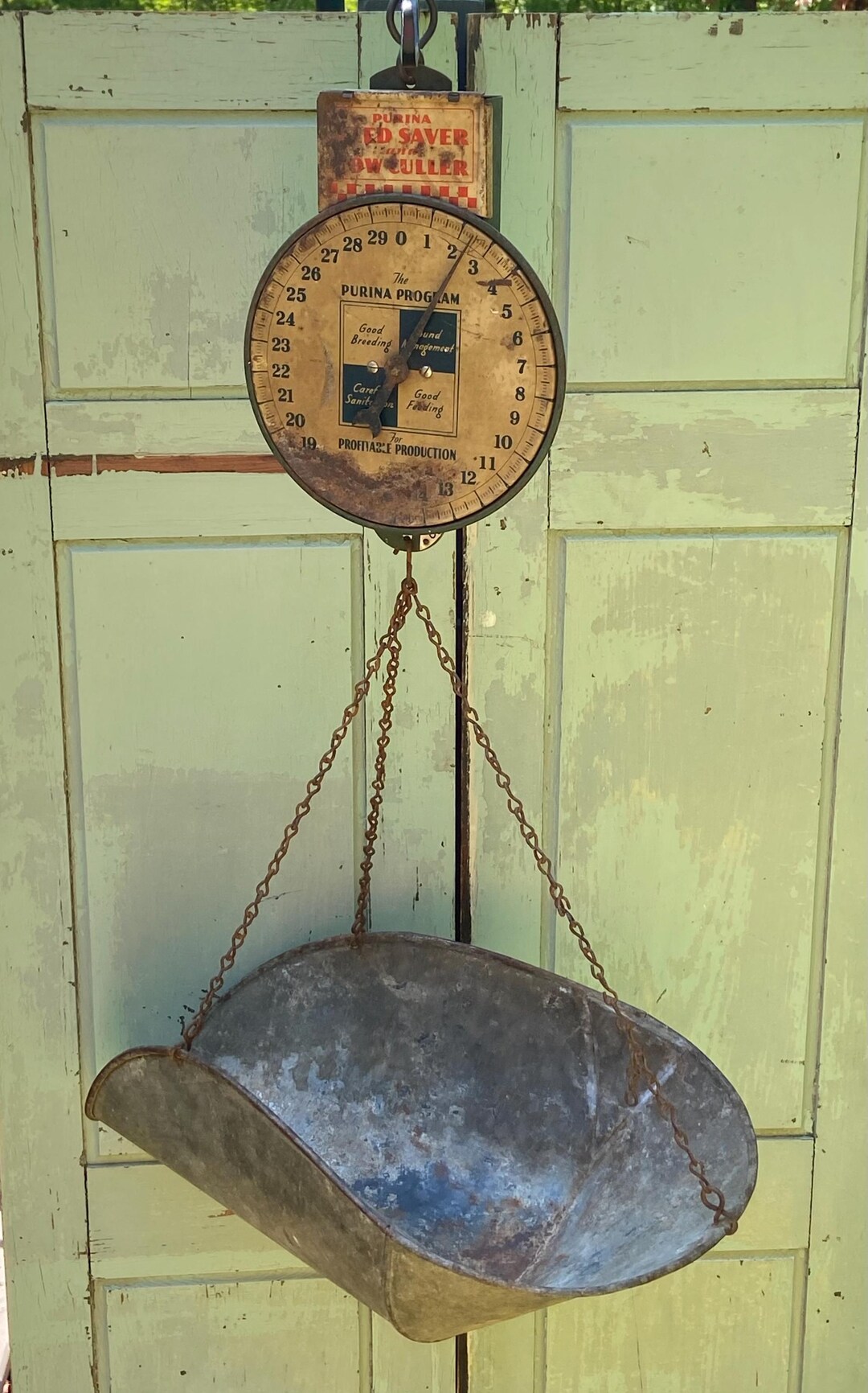 Vintage Purina Brand Hanging Scale With Tray - Purina Feed Saver and ...