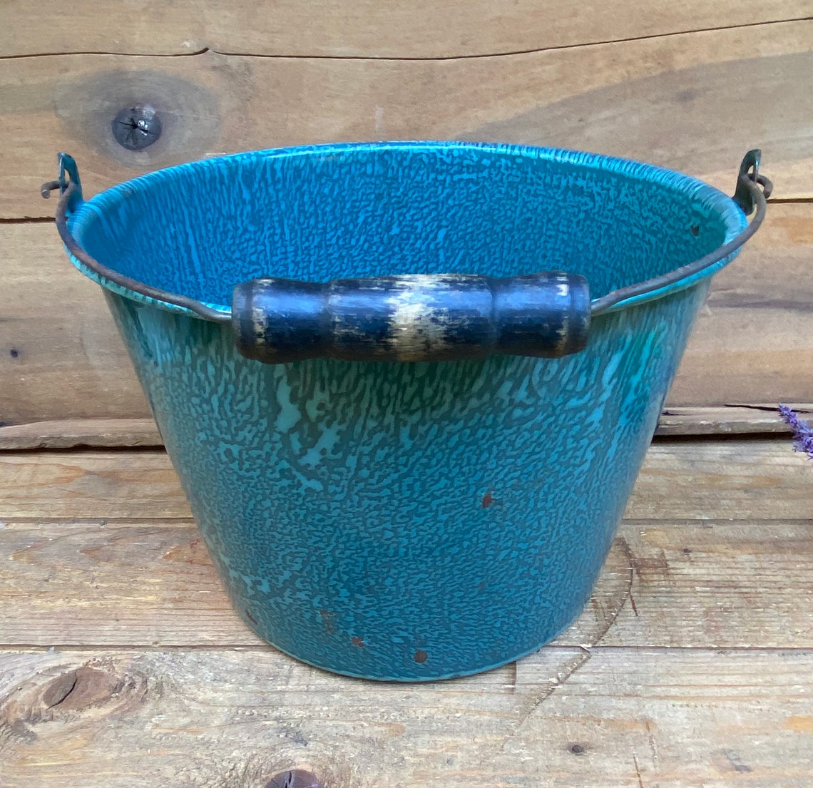 Vintage Teal Enamelware Pail With Partial Label and Bale Handle ...