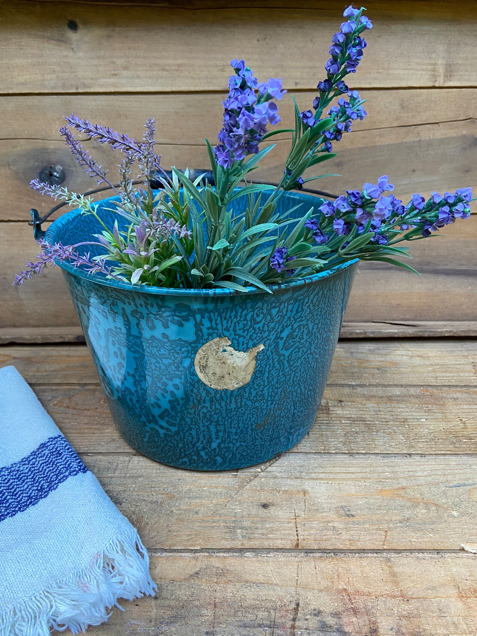 Vintage Teal Enamelware Pail With Partial Label and Bale Handle ...