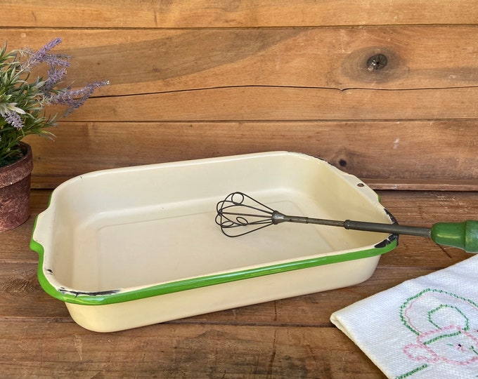 Vintage Cream and Green Enamelware Baking Pan - Vintage Enamelware ...