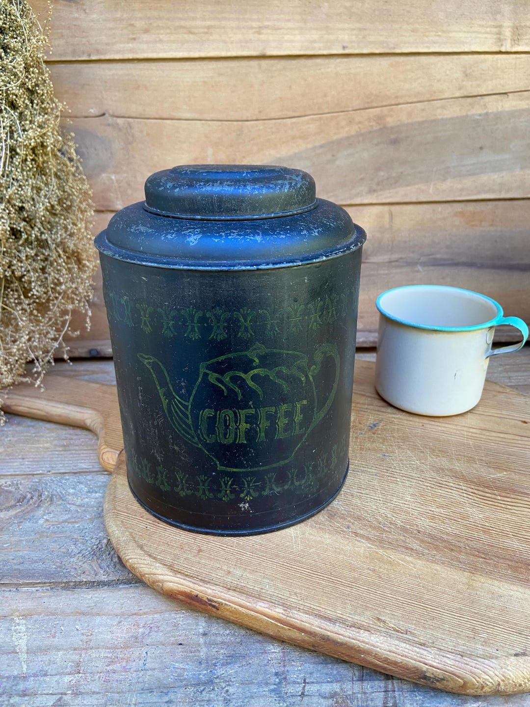 Antique Stenciled Coffee Tin - Stenciled Tin - Japanned Coffee Tin ...