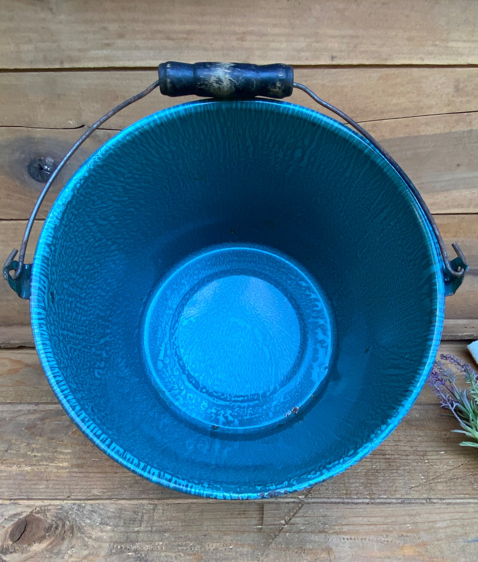 Vintage Teal Enamelware Pail With Partial Label and Bale Handle ...