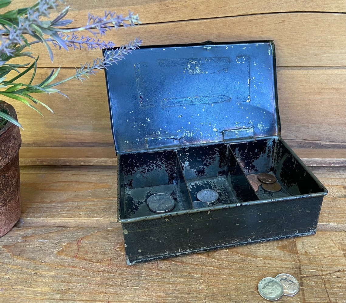 Vintage Small Tin Coin Box Japanned Tin Vintage Toleware Coin Till ...