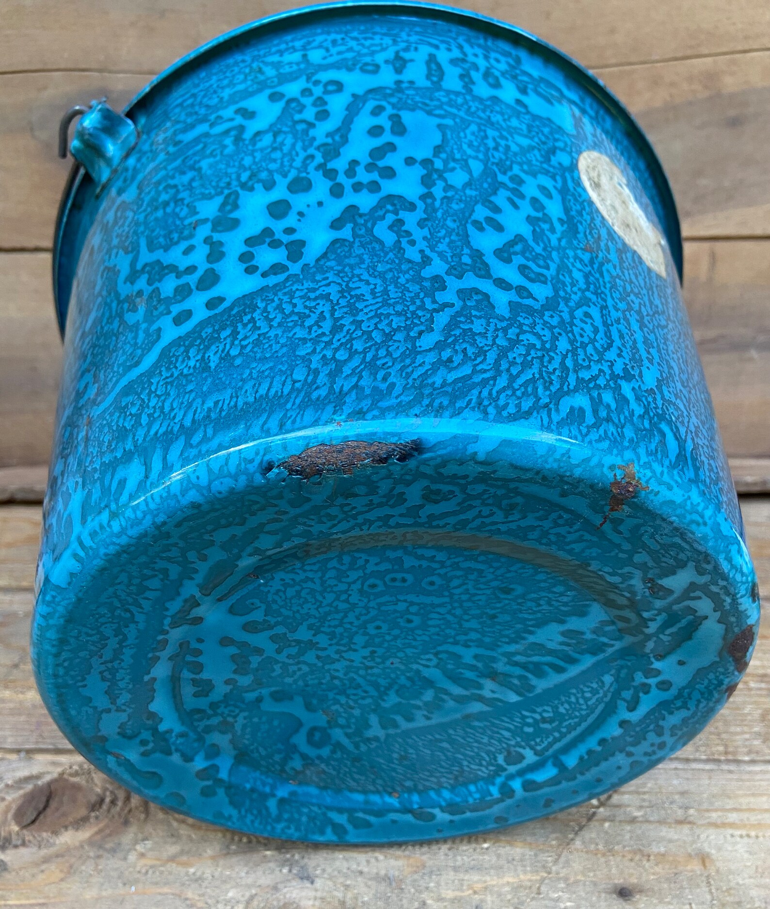 Vintage Teal Enamelware Pail With Partial Label and Bale Handle ...
