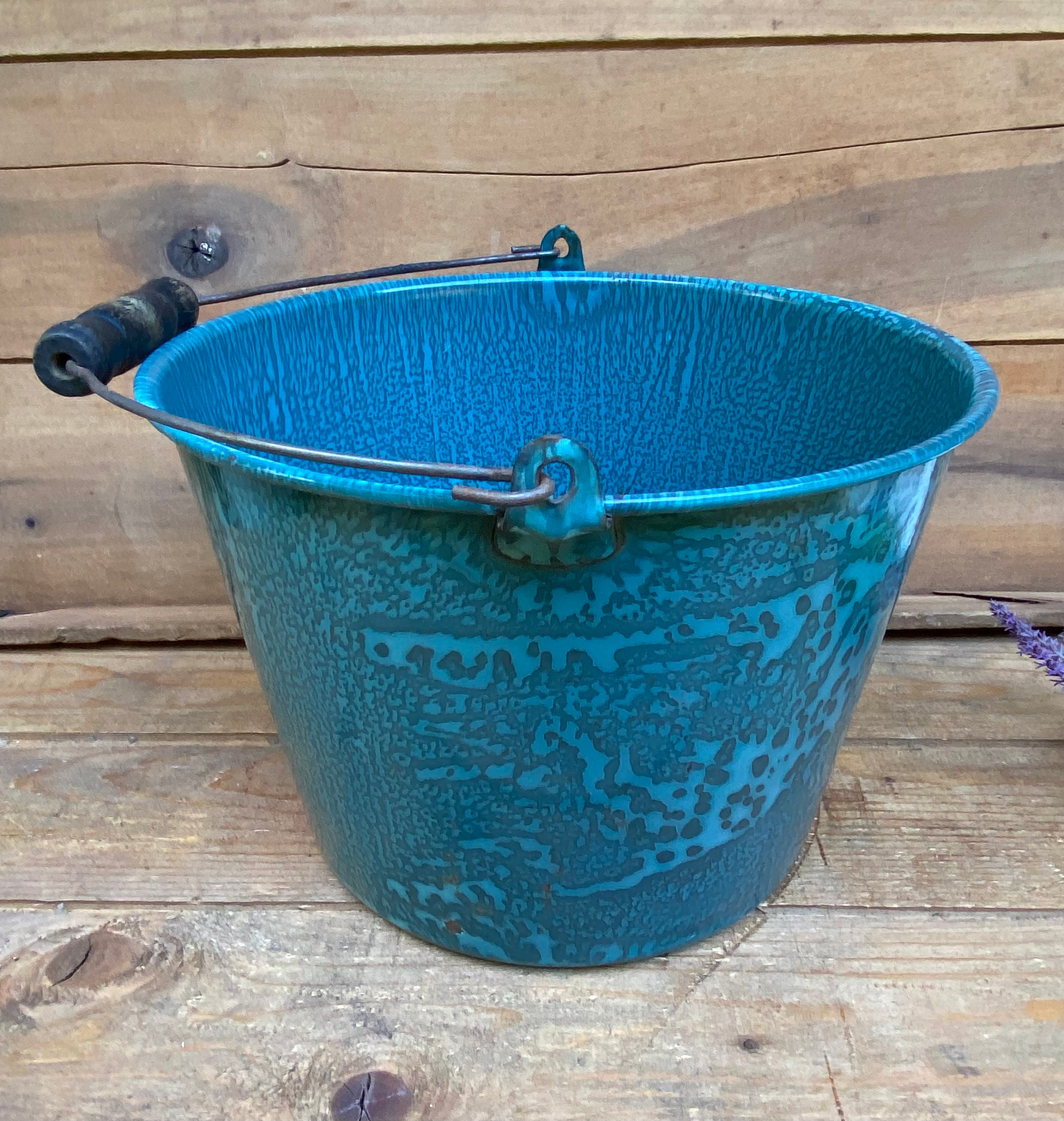 Vintage Teal Enamelware Pail With Partial Label and Bale Handle ...