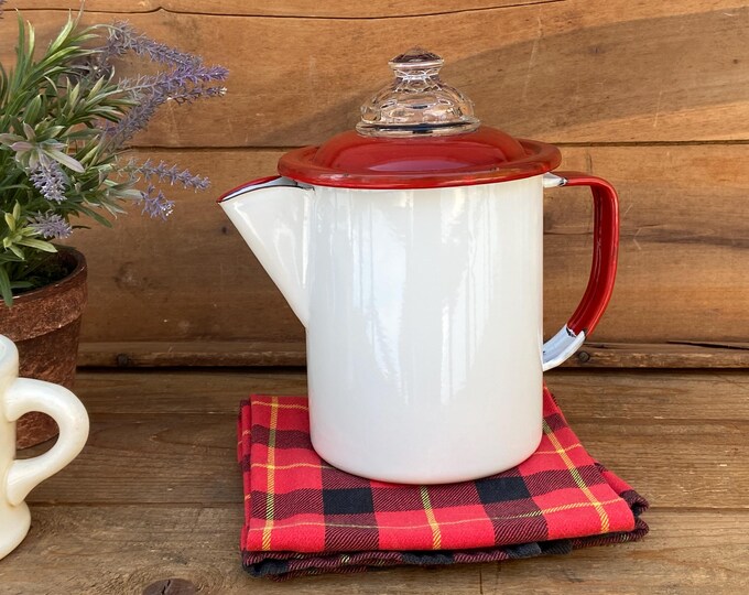 Vintage White and Red Enamelware Coffee Pot From the 1950's 1960's ...