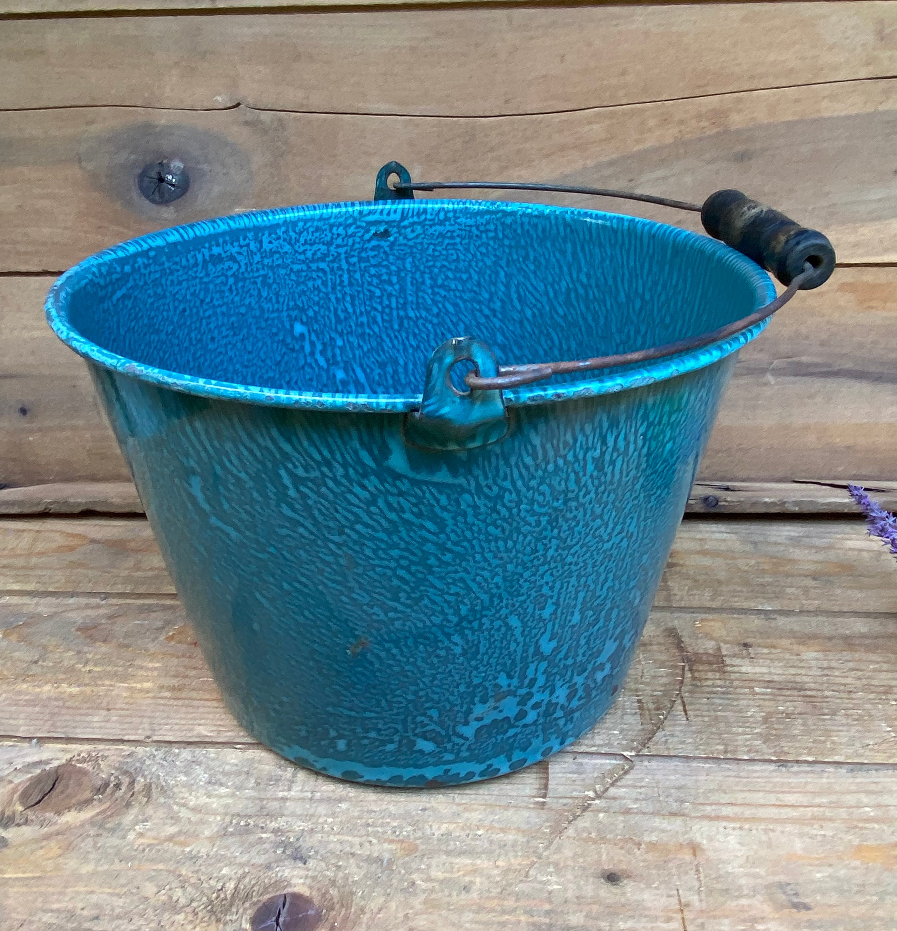 Vintage Teal Enamelware Pail With Partial Label and Bale Handle ...