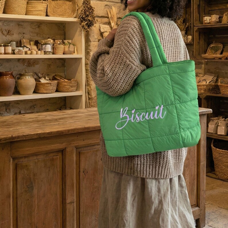 Personalized Embroidered Puffer Tote Bag, Quilted Nylon Shoulder Bag - Etsy