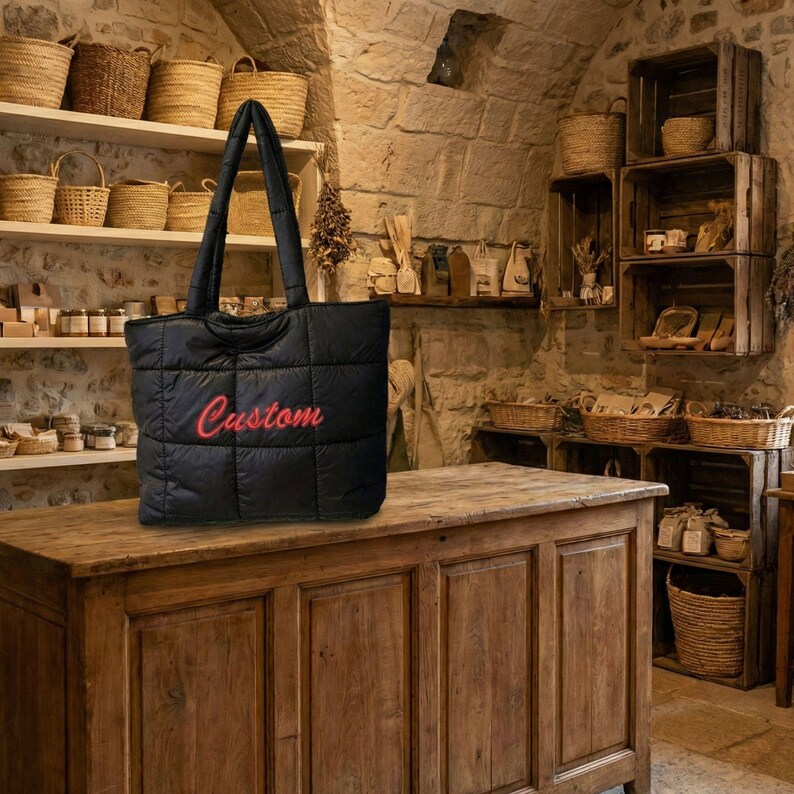 Personalized Embroidered Puffer Tote Bag, Quilted Nylon Shoulder Bag - Etsy