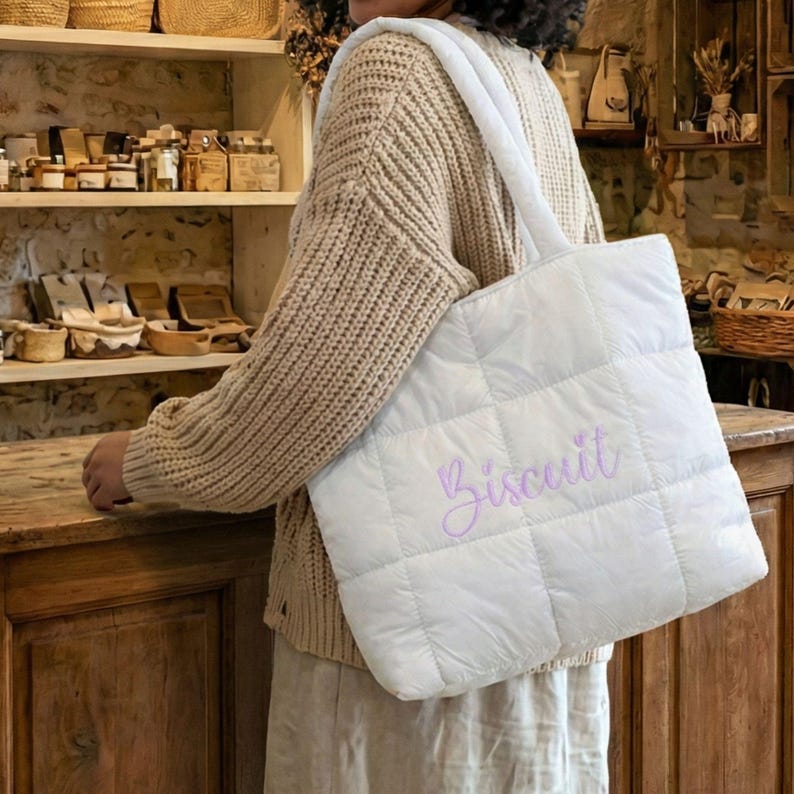 Personalized Embroidered Puffer Tote Bag, Quilted Nylon Shoulder Bag - Etsy