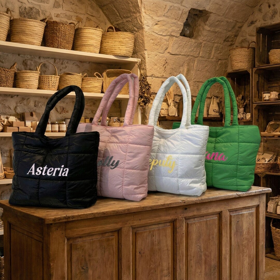 Personalized Embroidered Puffer Tote Bag, Quilted Nylon Shoulder Bag - Etsy