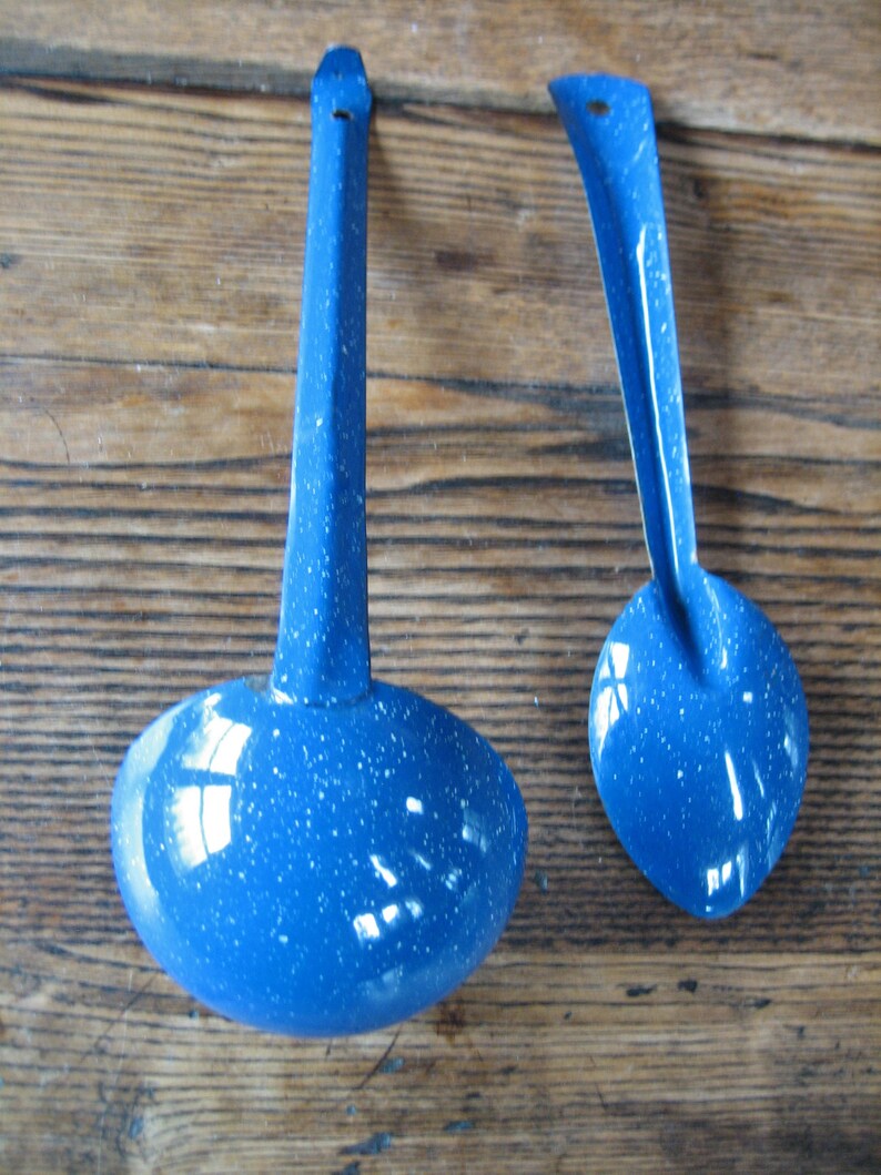 Cobalt Blue Enamel Splatterware Ladle and Spoon Set - Etsy