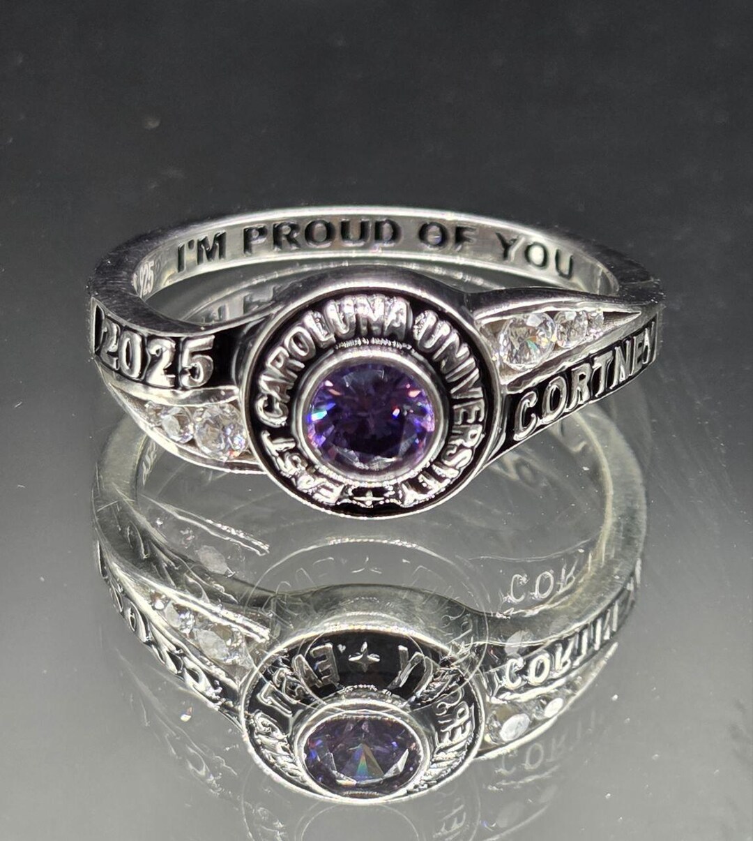 Custom Class of 2025 Ring Round Birthstone With Halo Accent Class Ring ...