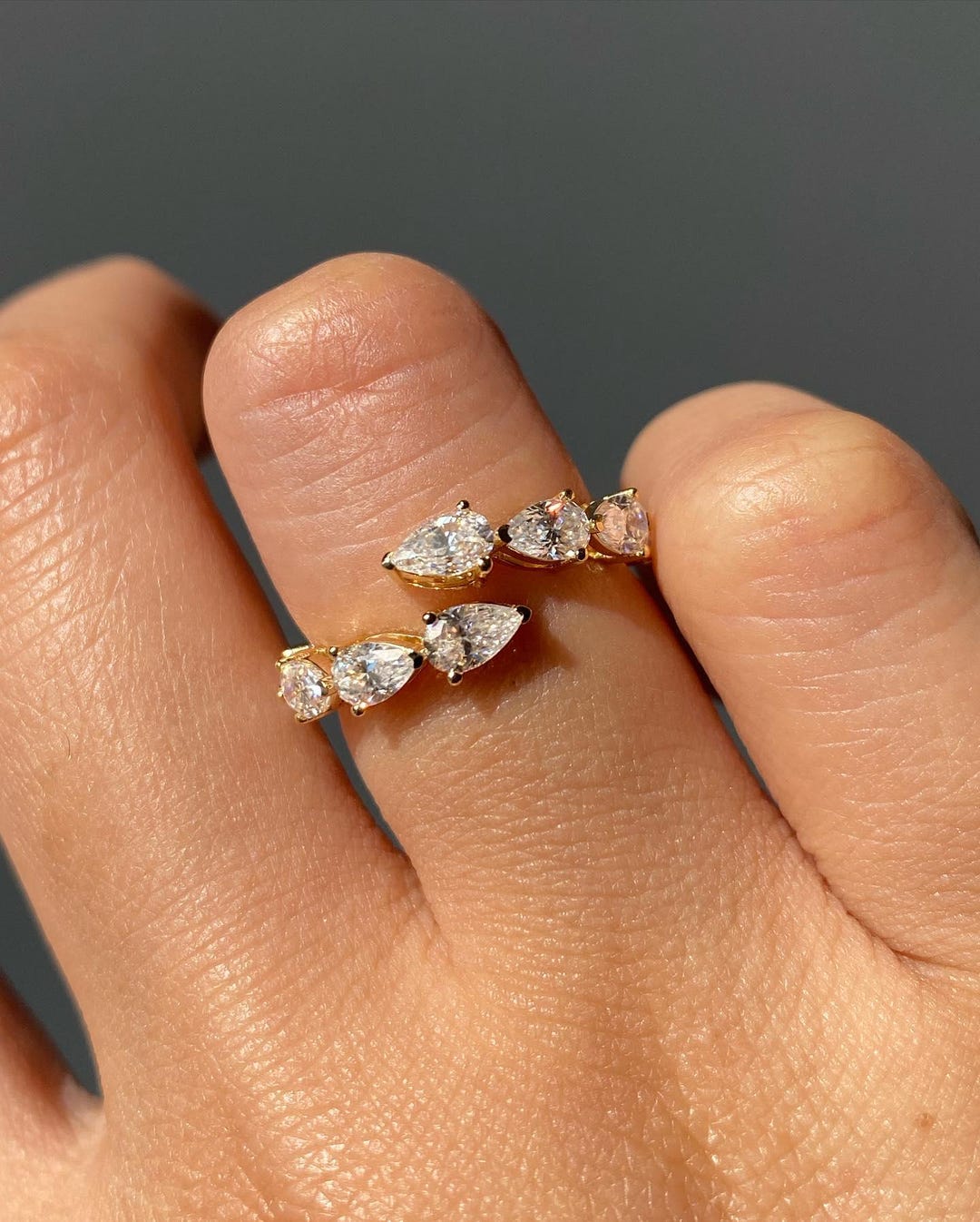 Pear Cut Diamond Bypass Ring in 14K Gold, Unique Swirl Engagement Ring ...