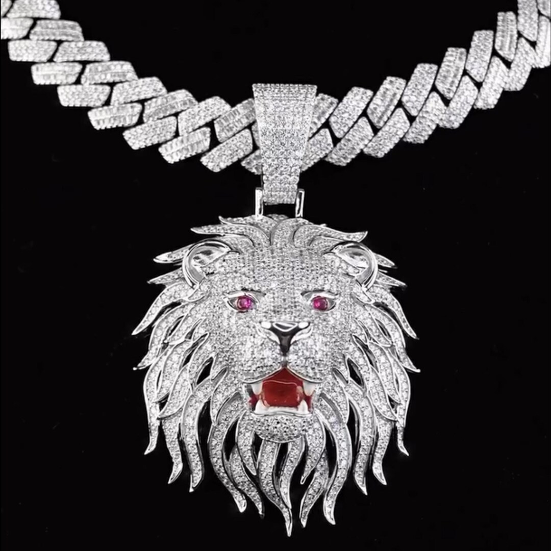 Iced Out Lion Head Pendant, Lion Face Diamond Necklace, Cuban Link ...