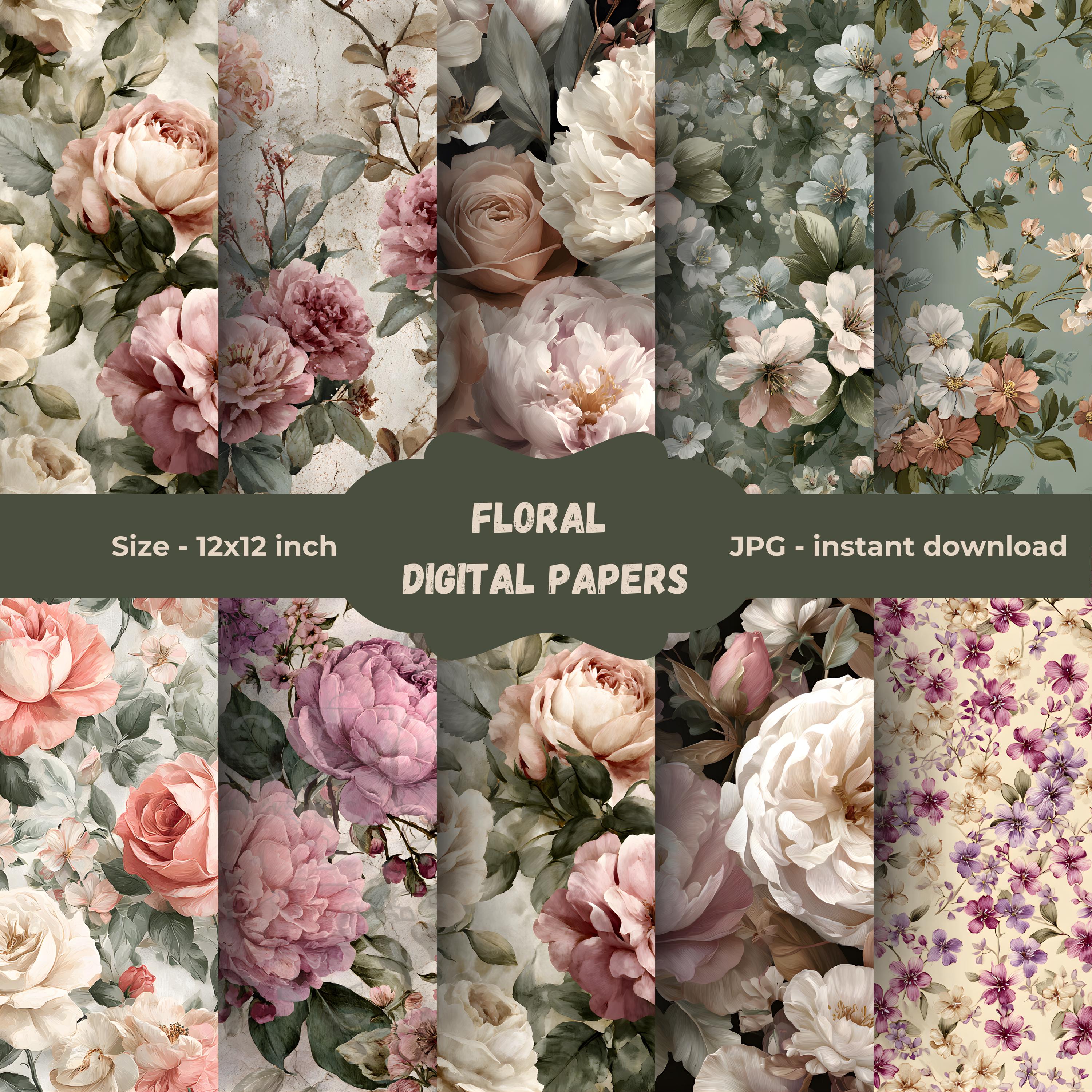 Vintage Floral Digital Paper Pack – Shabby Chic 12x12 Backgrounds ...