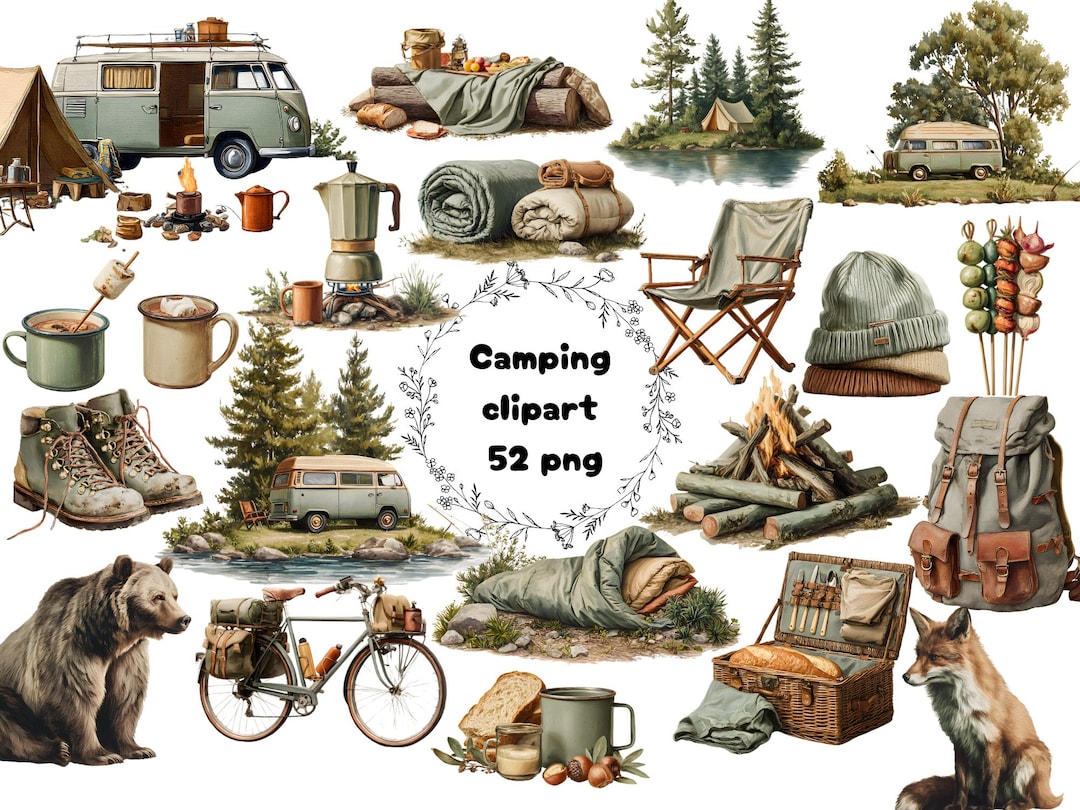 Cozy Watercolor Camping Clipart Bundle, Outdoor Adventure Pngs (digital ...