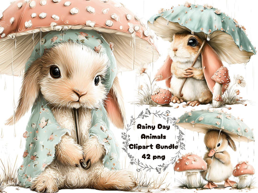 Cute Rainy Day Animals Clipart Bundle, Whimsical Forest Animals PNG ...