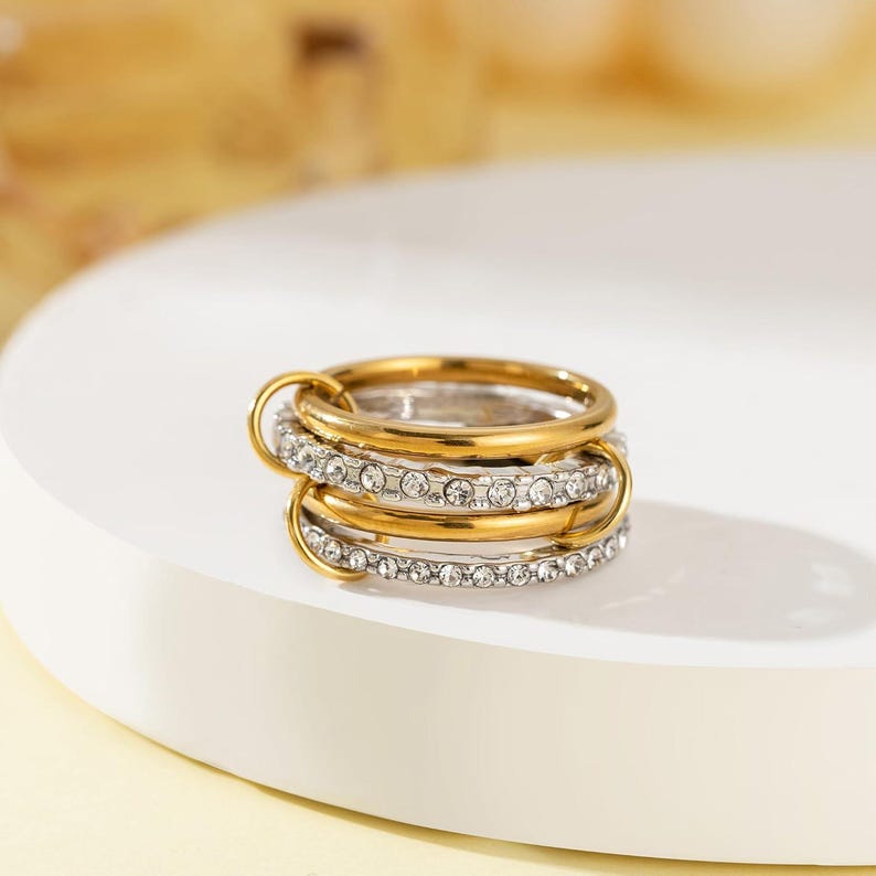 Gold & Silver Stackable CZ Rings, Stainless Steel Interlocking Jewelry ...