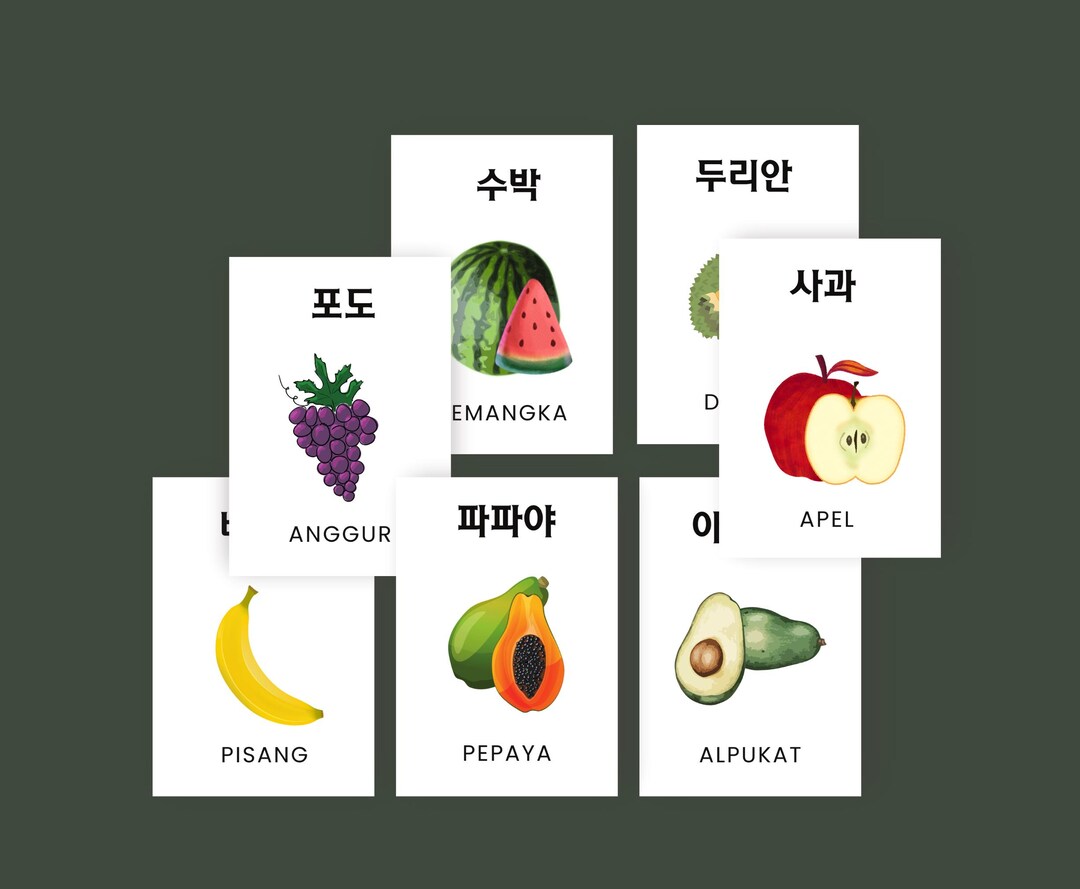 Bilingual Flashcard, Korean Indonesian Fruit Vocabulary, Language ...
