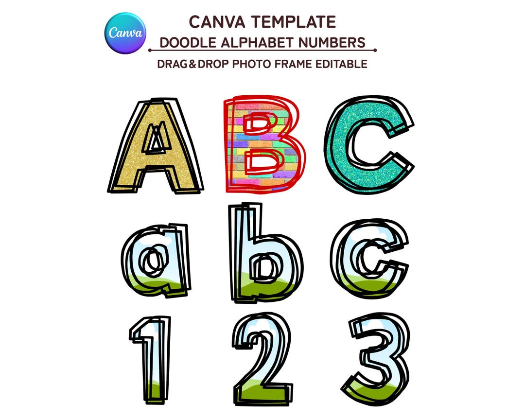 Doodle Letters, Alphabet & Numbers, Canva Frame Template, Drag and Drop ...