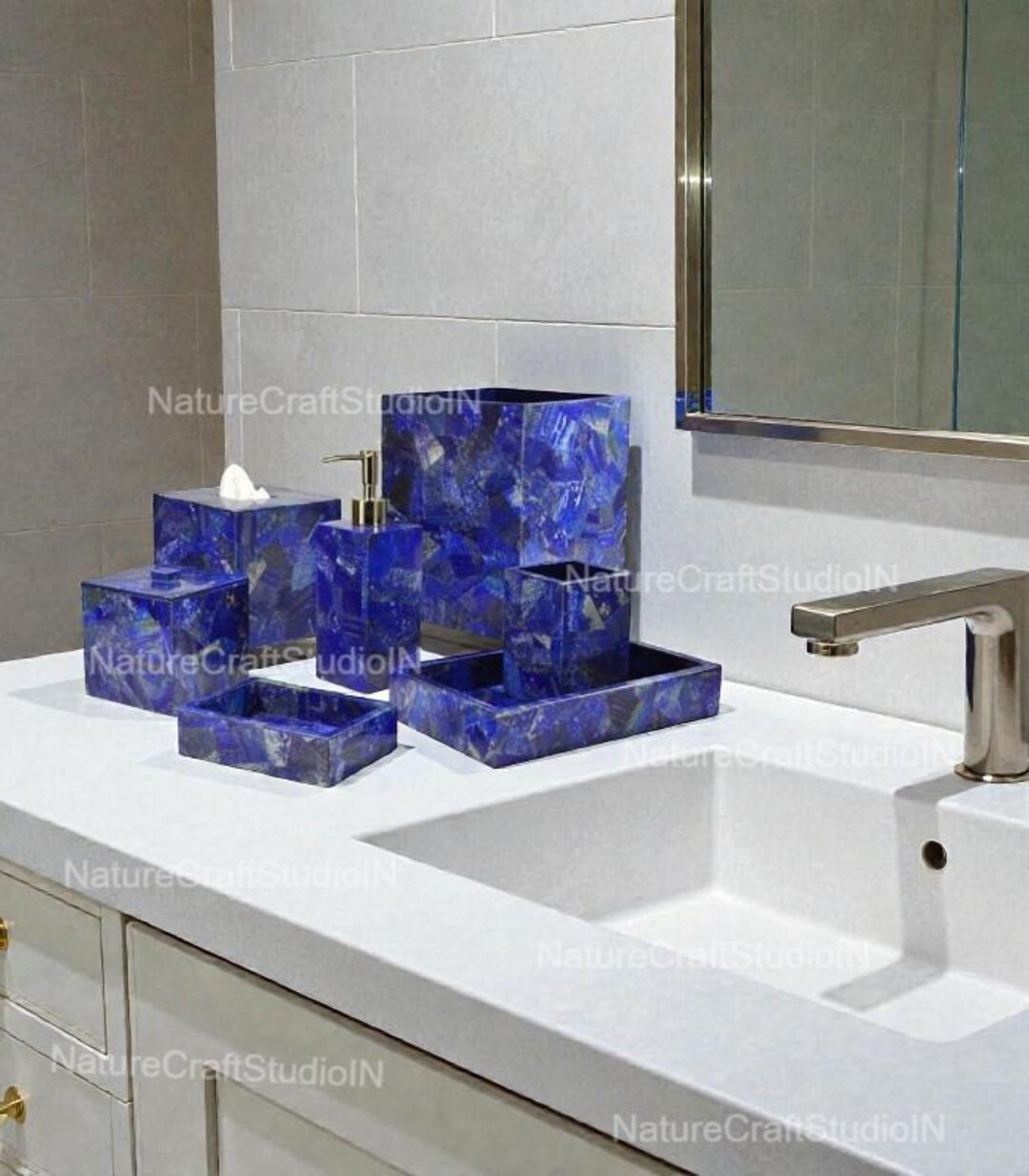 Luxurious Handmade Lapis Lazuli Bathroom Accessory Set – 5-piece ...