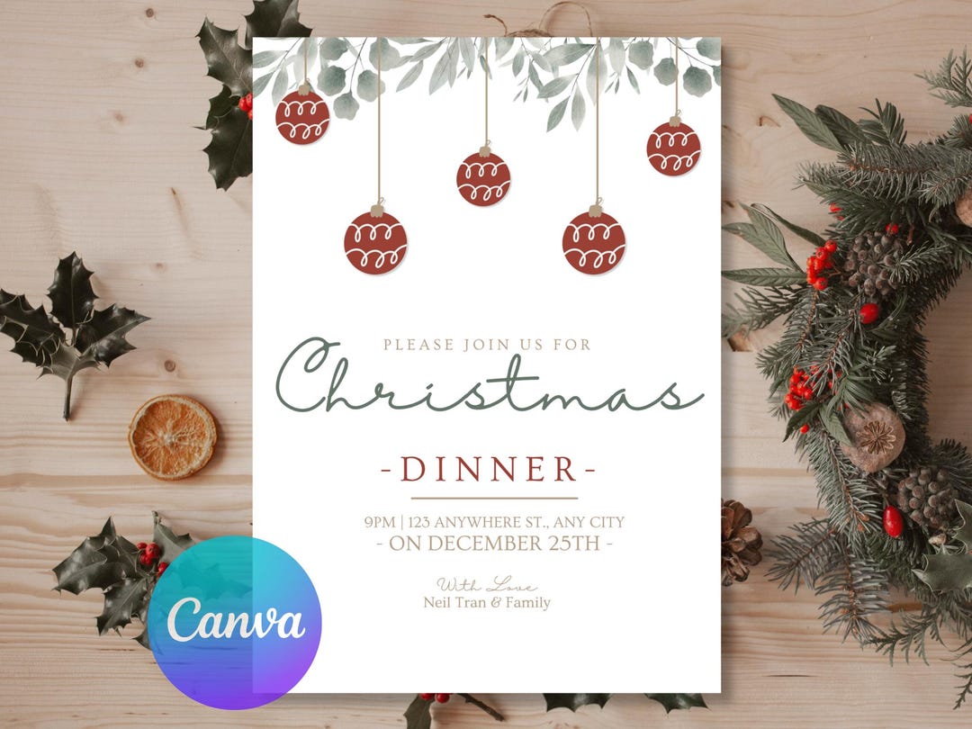 Editable Christmas Dinner Invitation | Printable Holiday Invite | Canva ...
