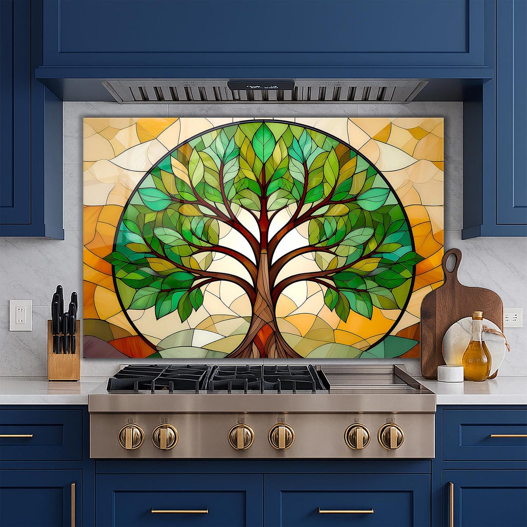 Green Tree of Life Tempered Glass Kitchen Backsplash: Heat Resistant ...