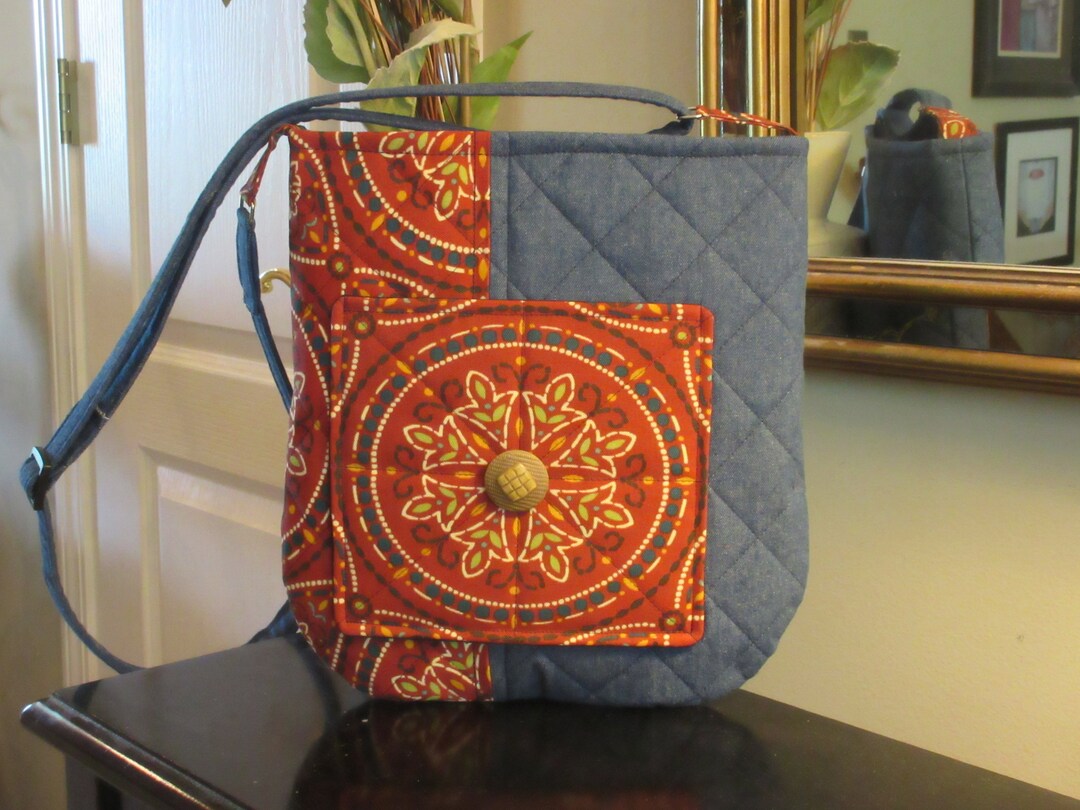 Red and Blue Medallion Print With Split Side of Solid Blue Denim With ...