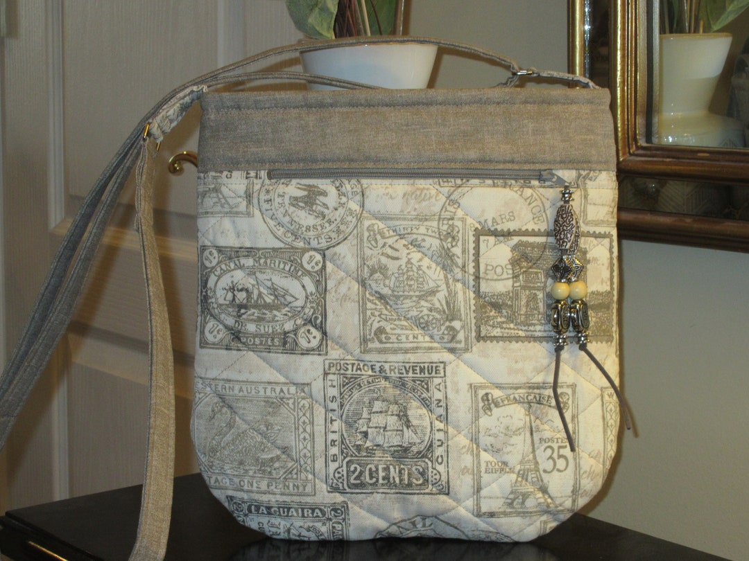 Gray and Beige Vintage Postage Stamp Print With Front Zipper Pocket and ...