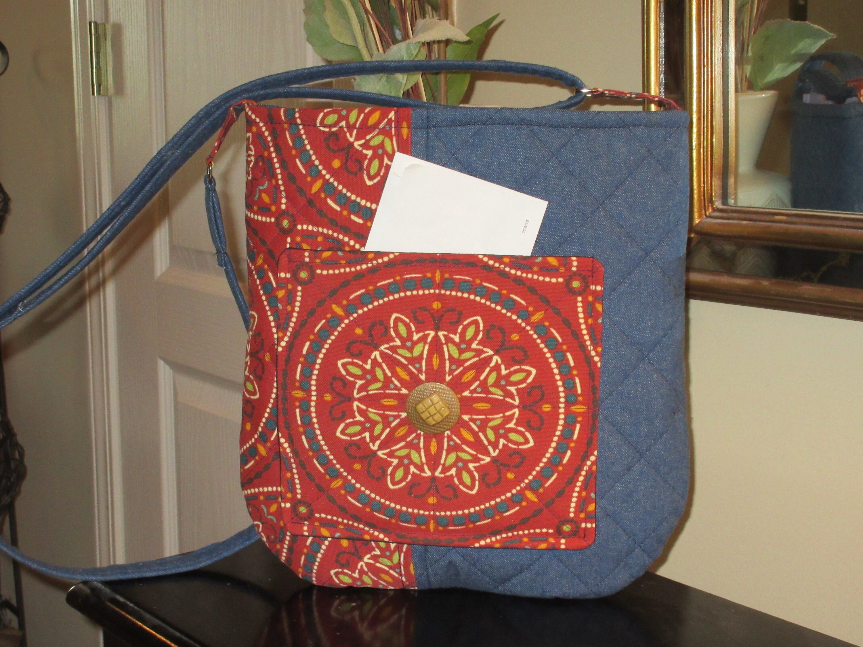 Red and Blue Medallion Print With Split Side of Solid Blue Denim With ...