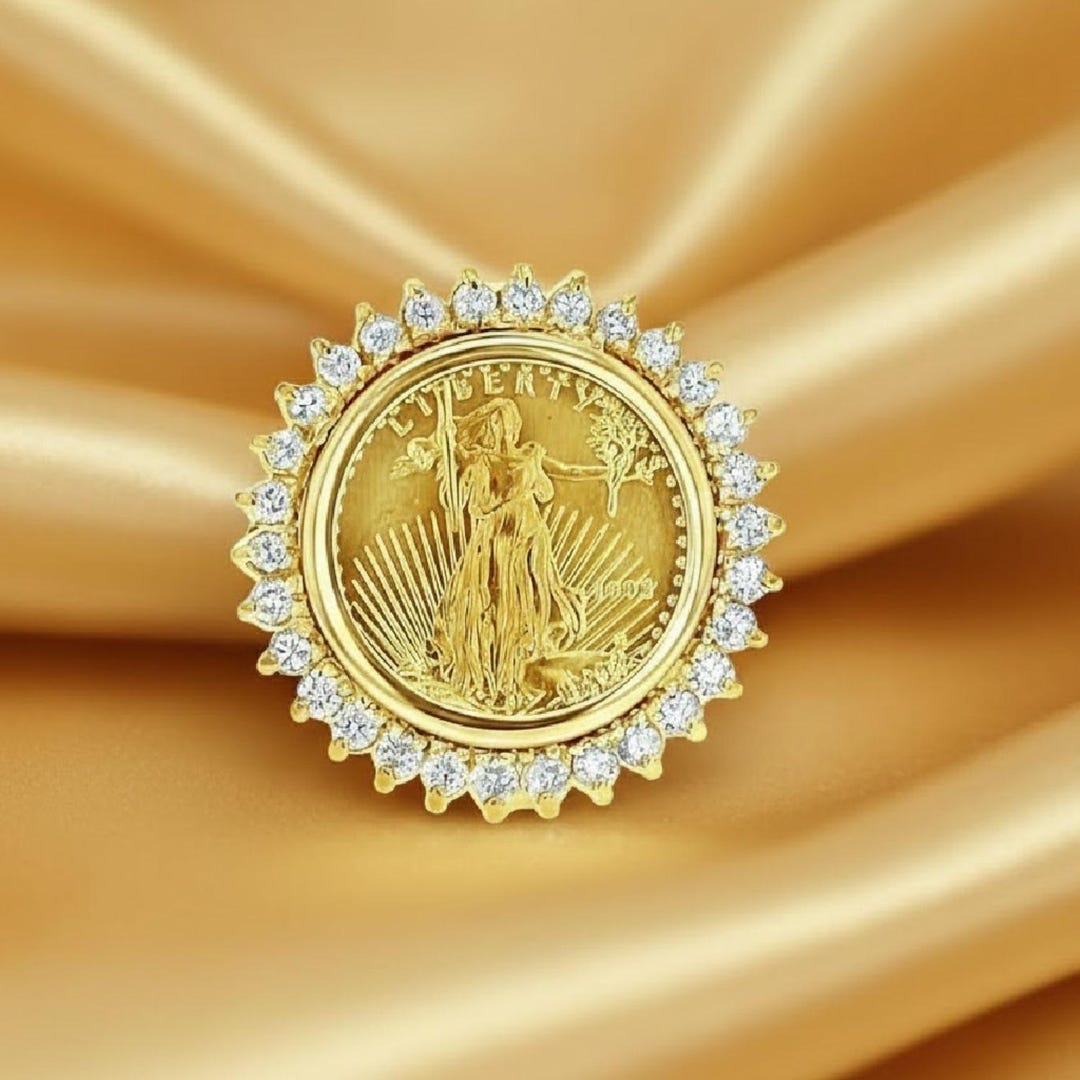 Liberty Coin Ring ,14K Yellow Gold 925 Sterling Silver , Diamond Halo ...
