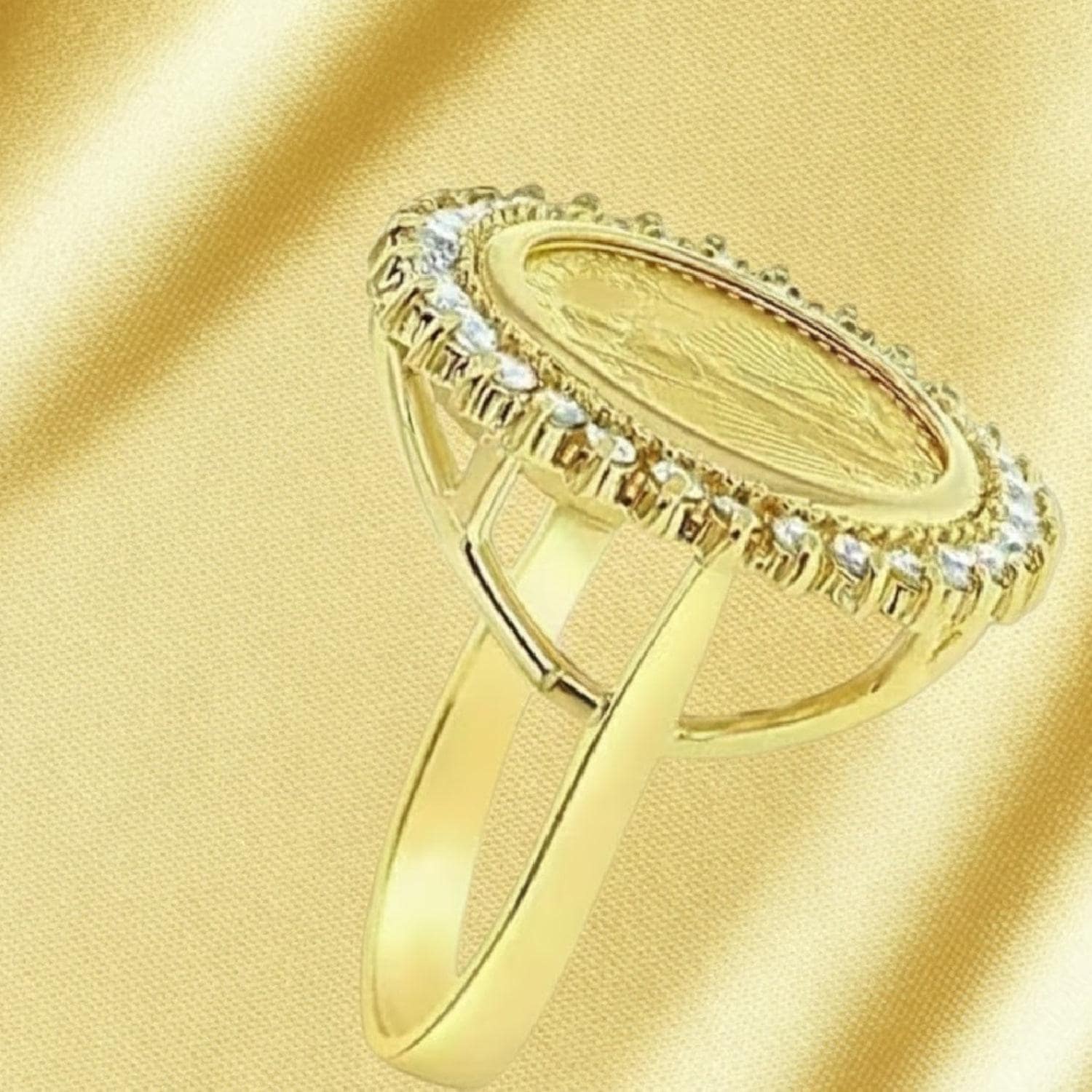 Liberty Coin Ring ,14K Yellow Gold 925 Sterling Silver , Diamond Halo ...