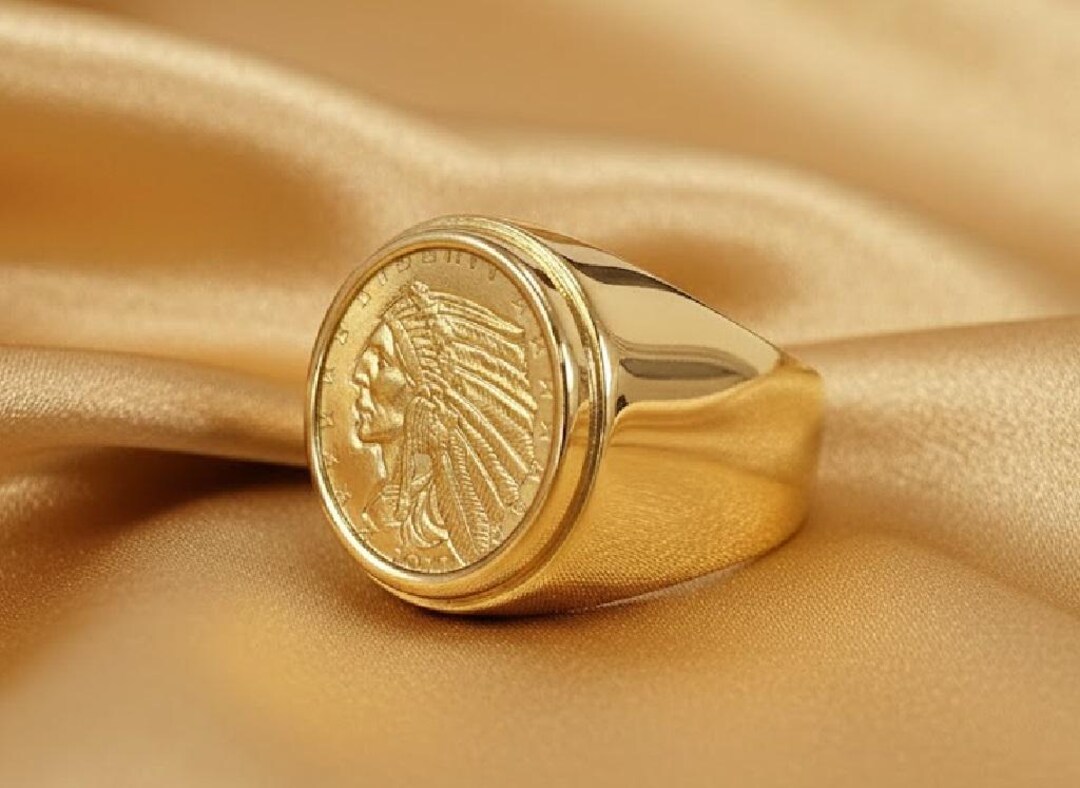 Liberty Coin Ring ,14K Yellow Gold 925 Sterling Silver ,indian Head ...