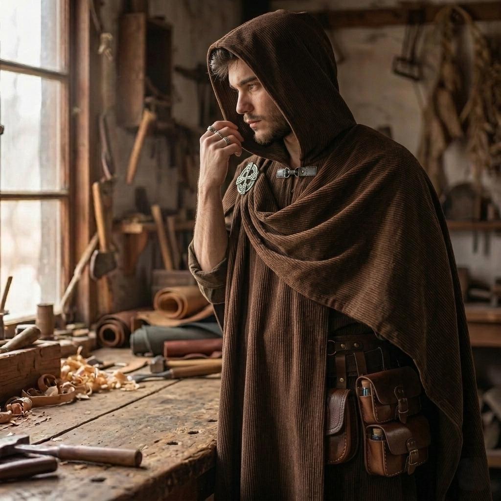 Men's Medieval Hooded Cloak: Dark Brown Viking Cape for LARP & Cosplay ...