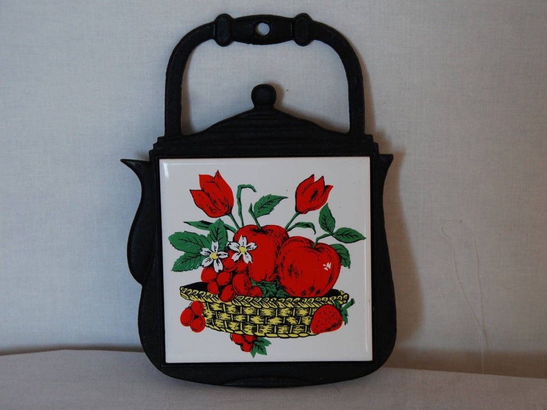 Vintage Tea Kettle Fruit and Tulips Trivet - Etsy