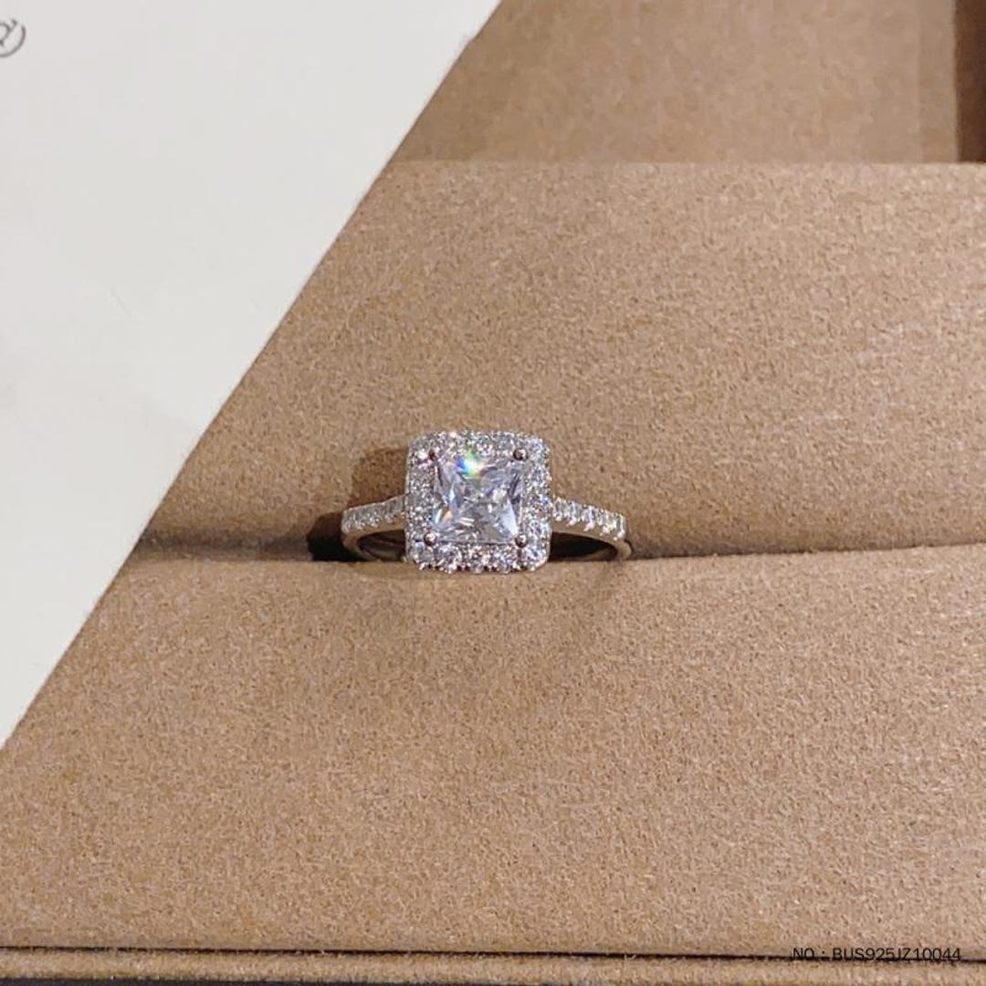 Sterling Silver Princess Cut CZ Ring, Square Halo, Four Prong ...