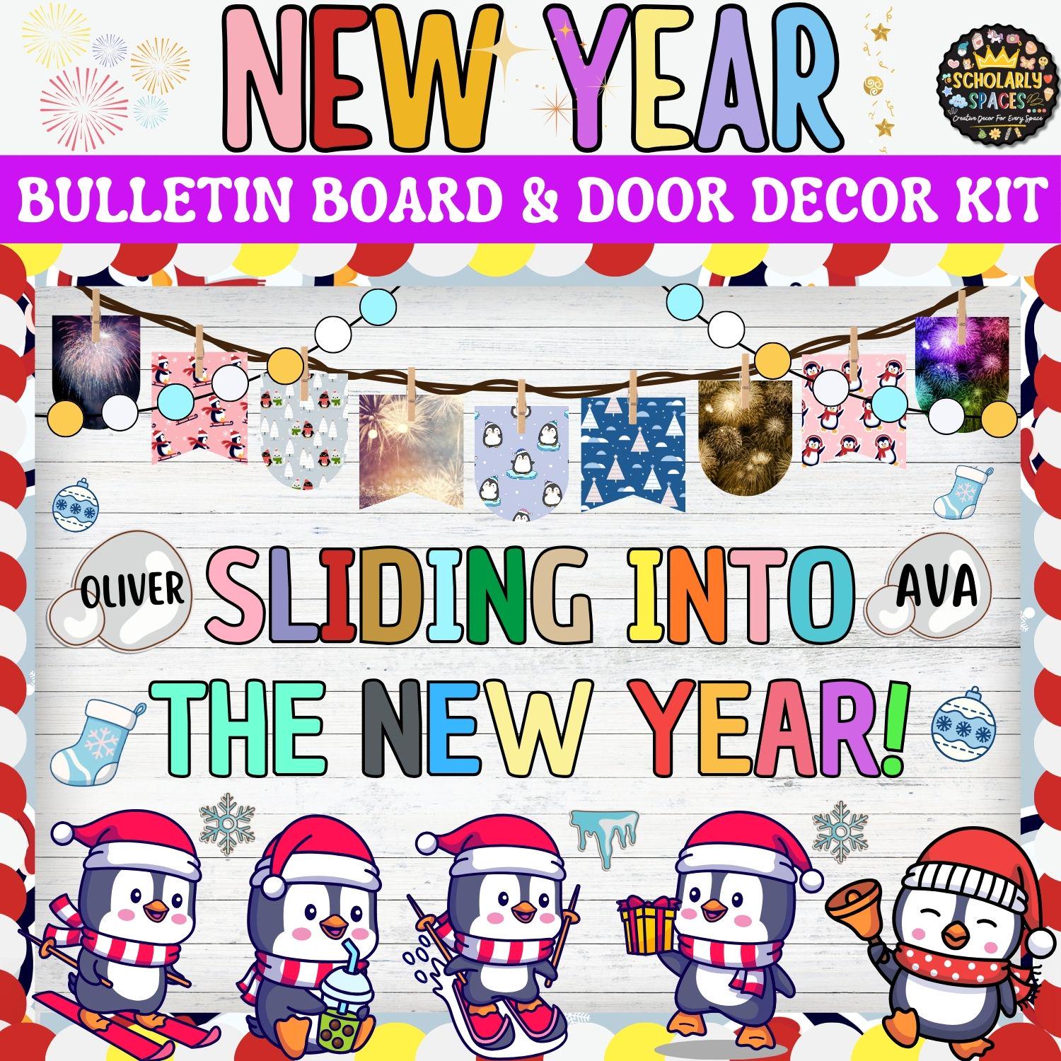 Sliding Into the New Year Bulletin Board & Door Decor Kit | Editable ...