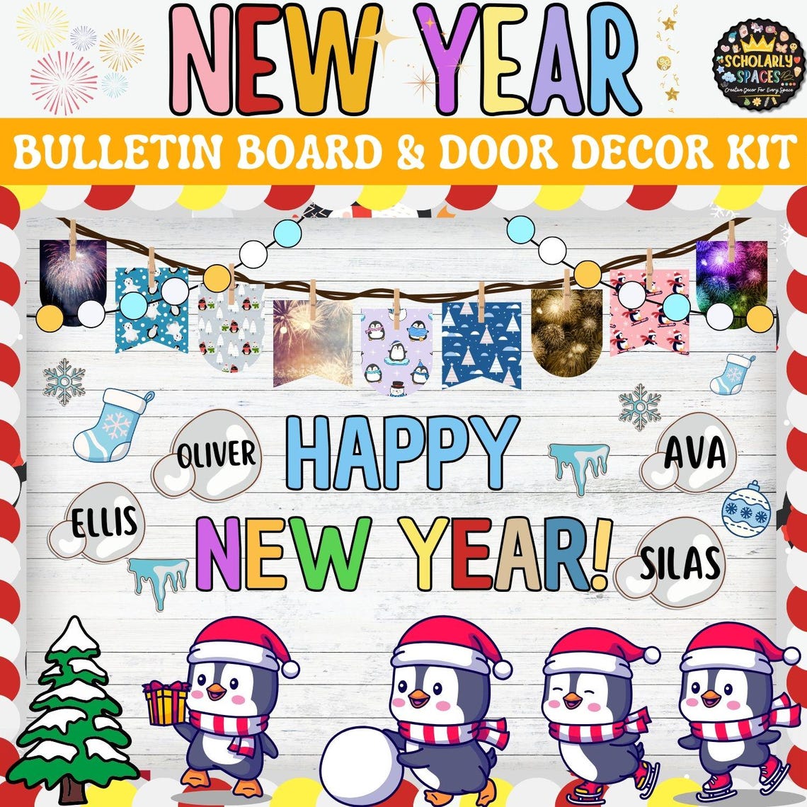 Sliding Into the New Year Bulletin Board & Door Decor Kit | Editable ...